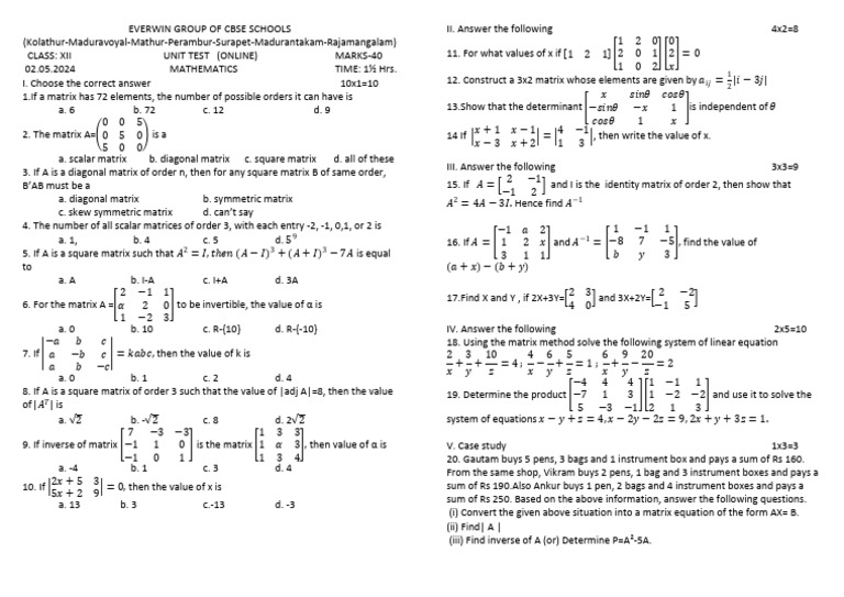 Xii Mathematics Unit Test QP | PDF | Matrix (Mathematics) | Algebra