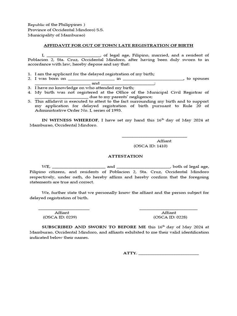 Affidavit For Out of Town Registration-Sample | PDF | Affidavit | Civil ...