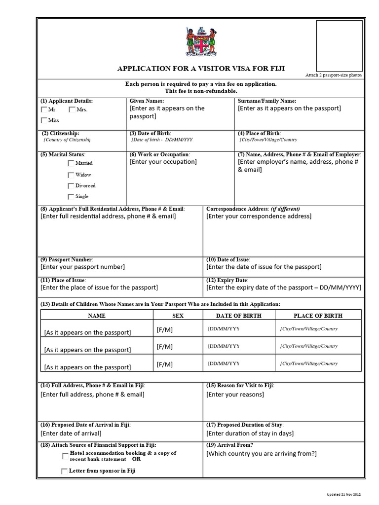 Fiji Visa Application Form Fiji High Commission Canberra | Download ...