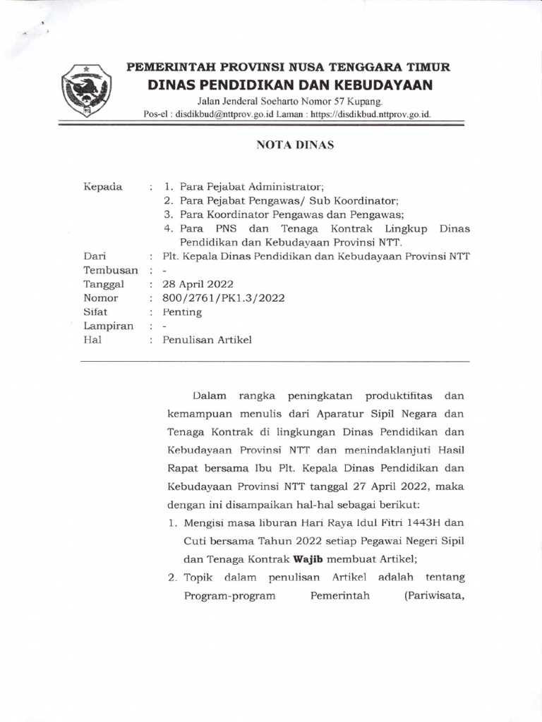 Nota Dinas Penulisa Artikel | PDF
