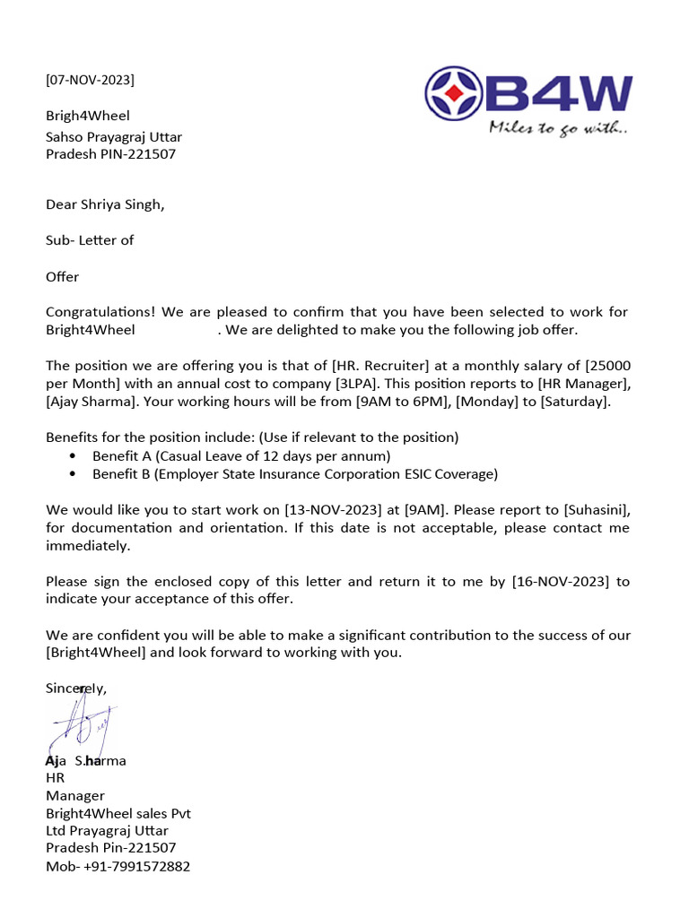 Offer Letter - (B4W) | PDF