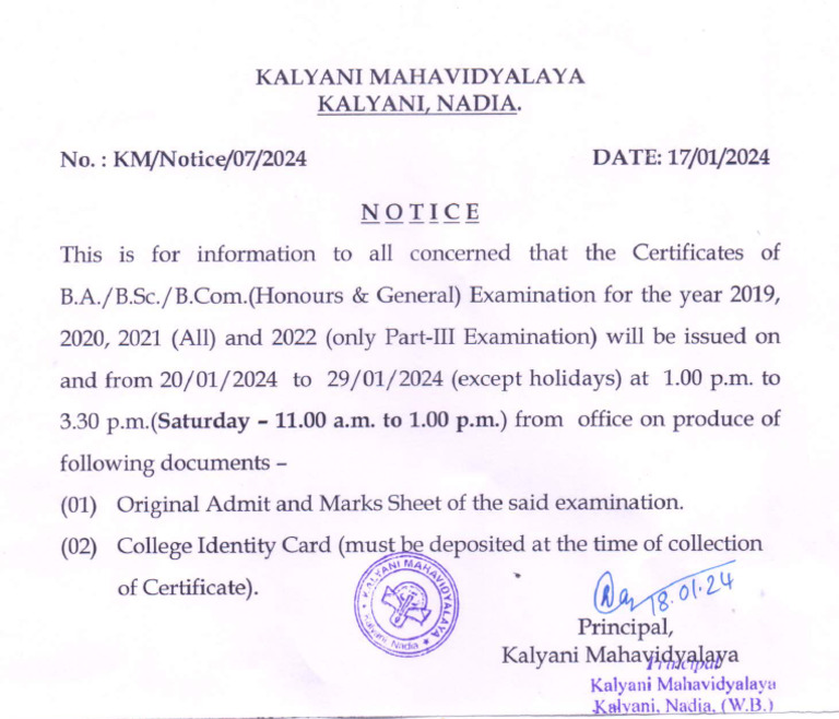 Issue of Certificates of b.a.-b.Sc.-b.Com. (Honours & General ...