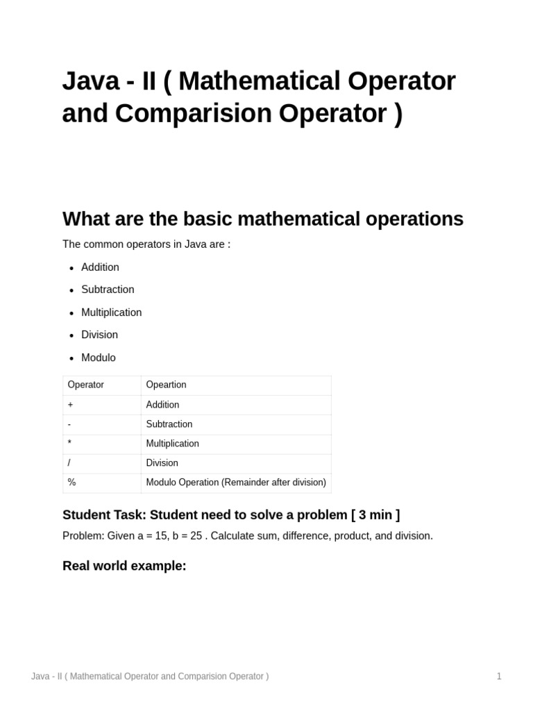 Java - II (Mathematical Operator and Comparision Operator) 737764 | Download Free PDF | Division ...