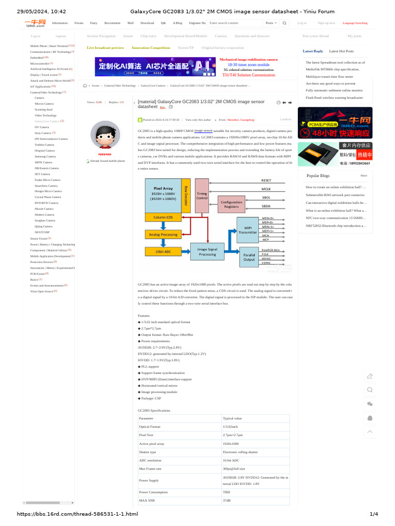 GalaxyCore GC2083 1 - 3.02 - 2M CMOS Image Sensor Datasheet - Yiniu Forum | PDF | Camera | Sensor