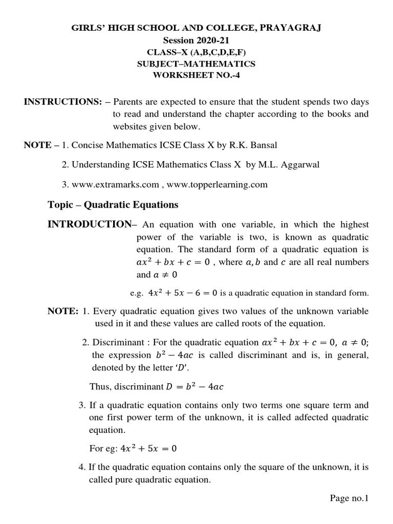 Maths Class10 Worksheet4 | PDF | Quadratic Equation | Equations
