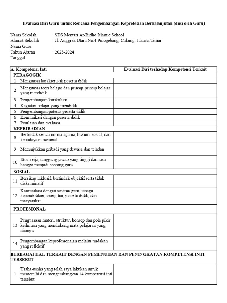 Form Evaluasi Diri Guru 2024 (1) | PDF