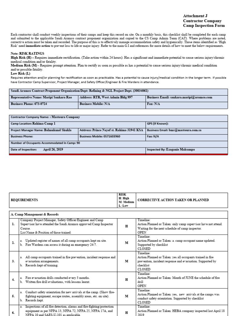 Camp Inspection Safety Checklist | PDF | First Aid | Firefighting