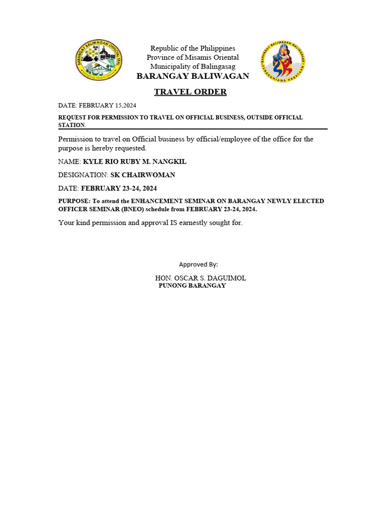 Itenary and Travel Order | PDF