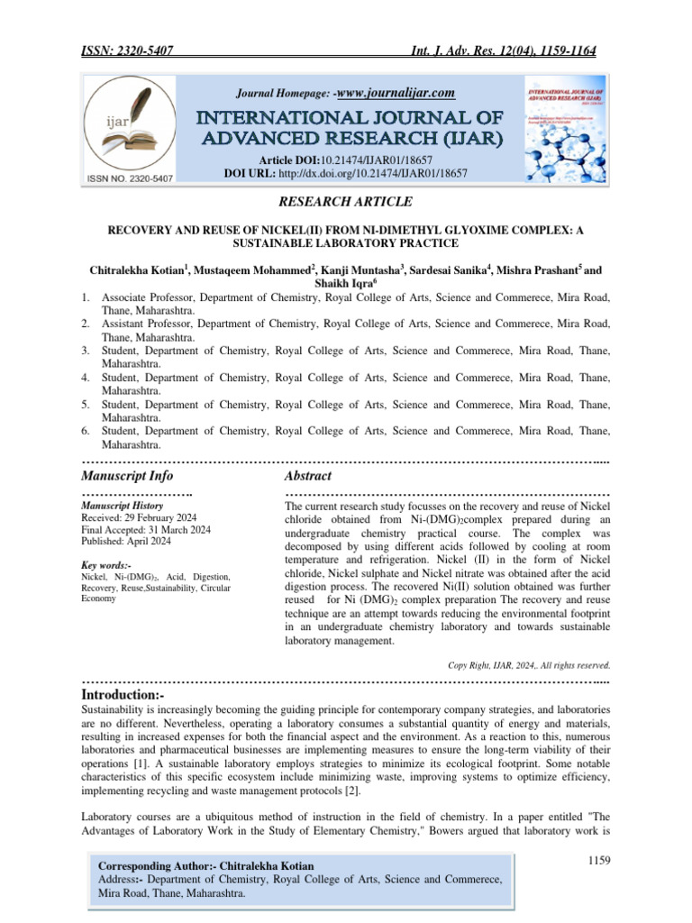 Recovery and Reuse of Nickel (Ii) From Ni-Dimethyl Glyoxime Complex: A ...