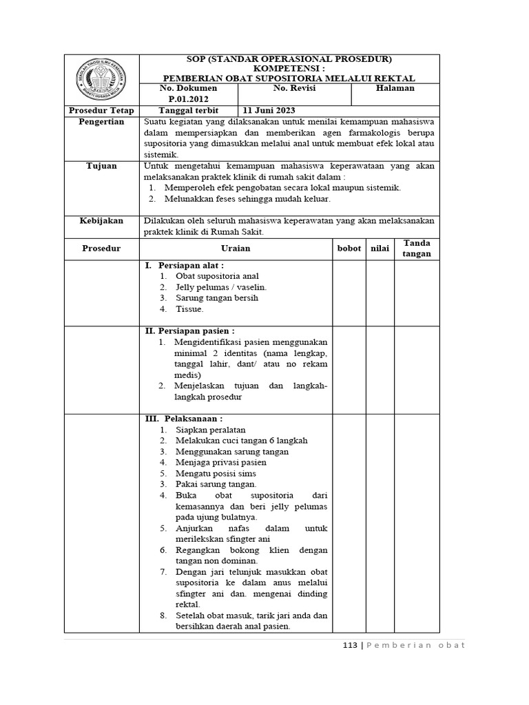G SOP Pemberian Obat Suppositoria | PDF | Sains & Matematika