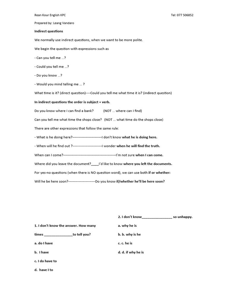 Indirect Questions | PDF | Question | Grammar