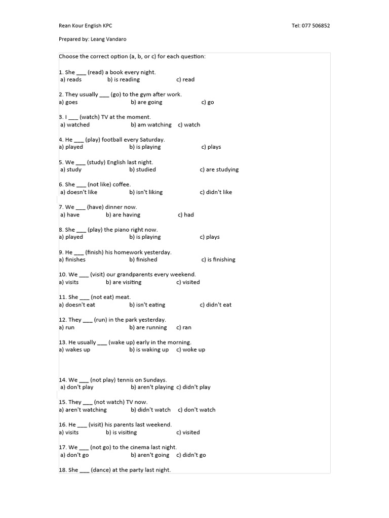 Choose The Correct Option Present Simple, Present Cont, Past Simple | PDF