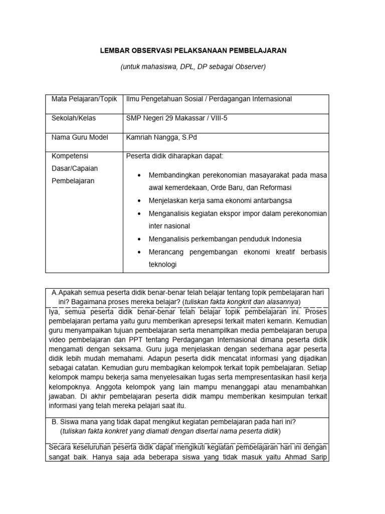 TP4 - PPL II - 01.05.6-B4-9 Unggah LK 4 - Lembar Observasi Pembelajaran Observer - Siklus 2 - NA ...