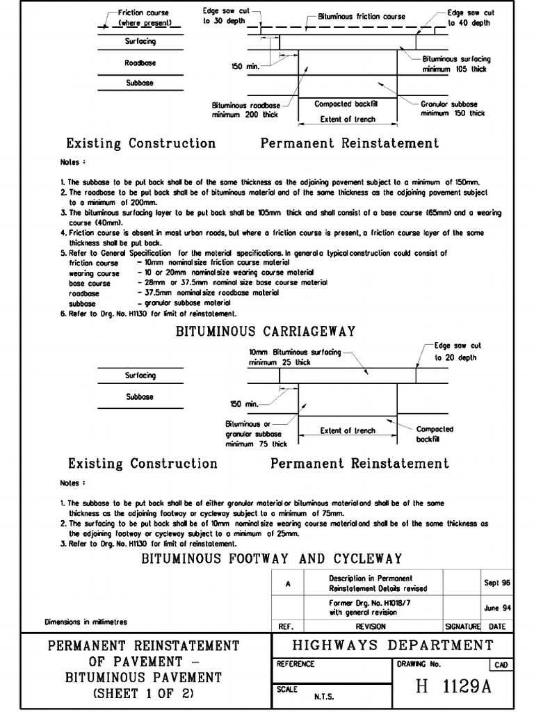 Existing Construction Permanent Reinstatement: Highways Department ...