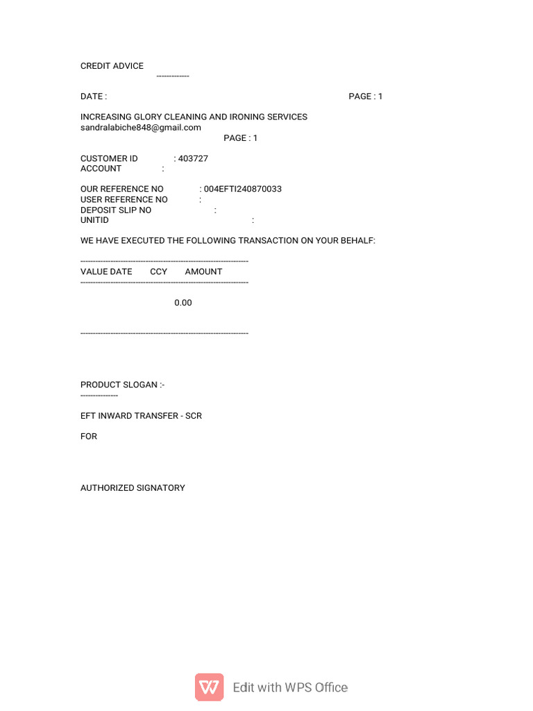 Credit Advice for EFT Transfer | PDF