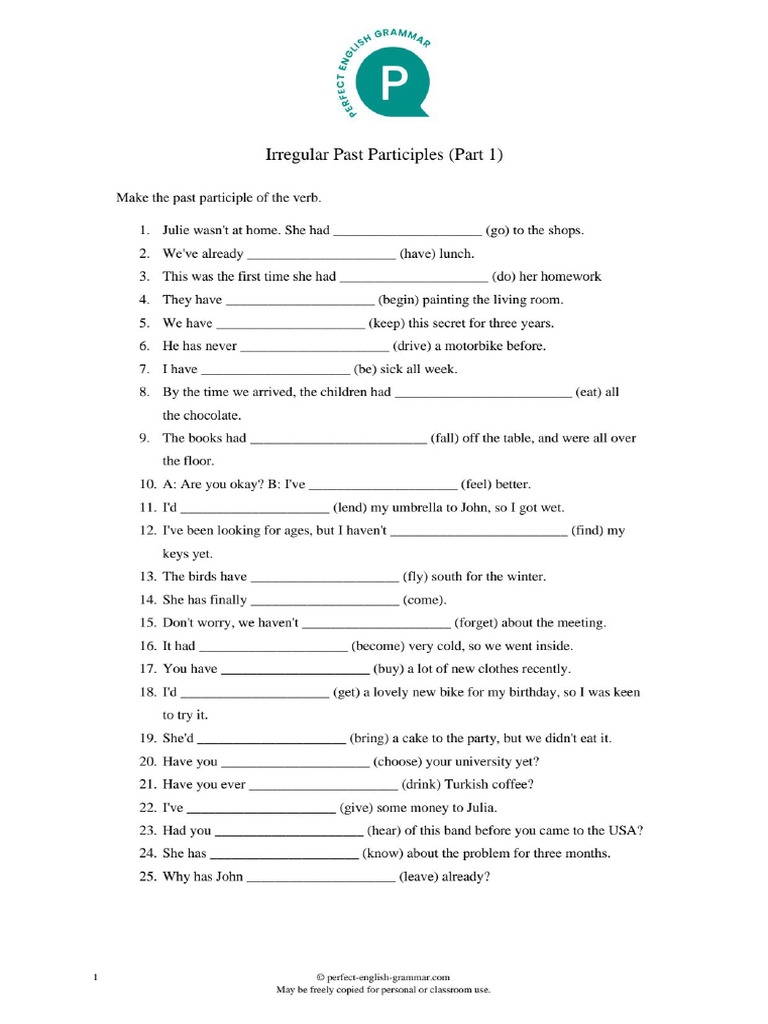 50 Irregular Verbs Past Participle Part 1 | PDF