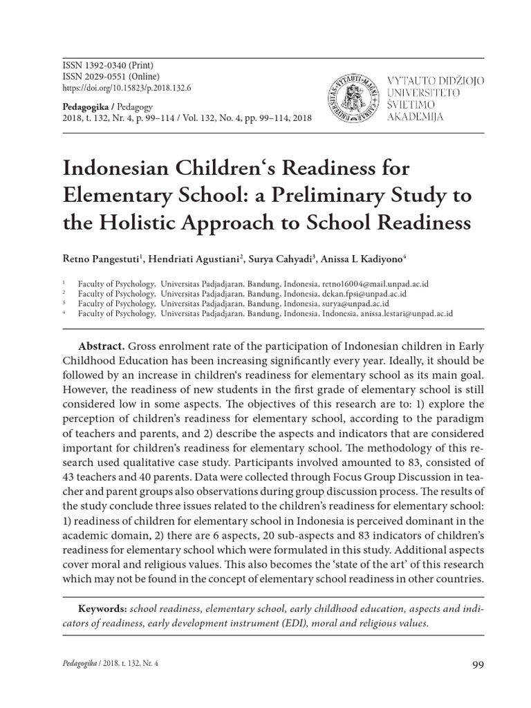 (2018) Indonesian Children's Readiness For Elementary School - A Preliminary Study To The ...