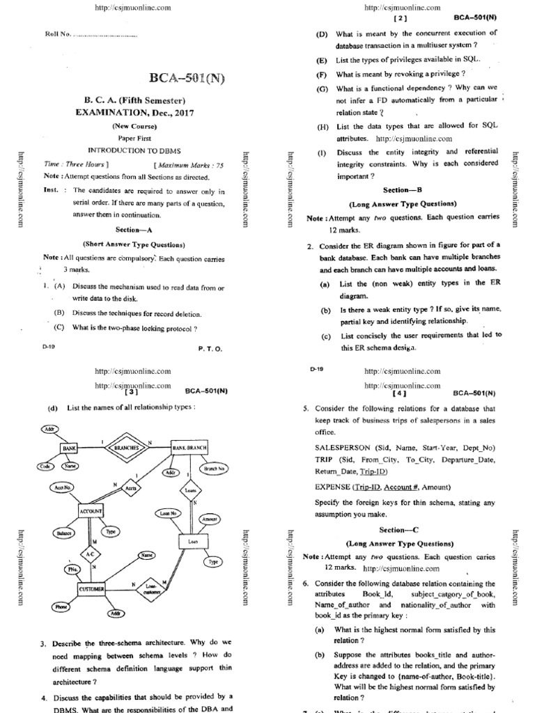 Bca 5 Sem Introduction To Dbms Bca 501n Dec 2017 | PDF