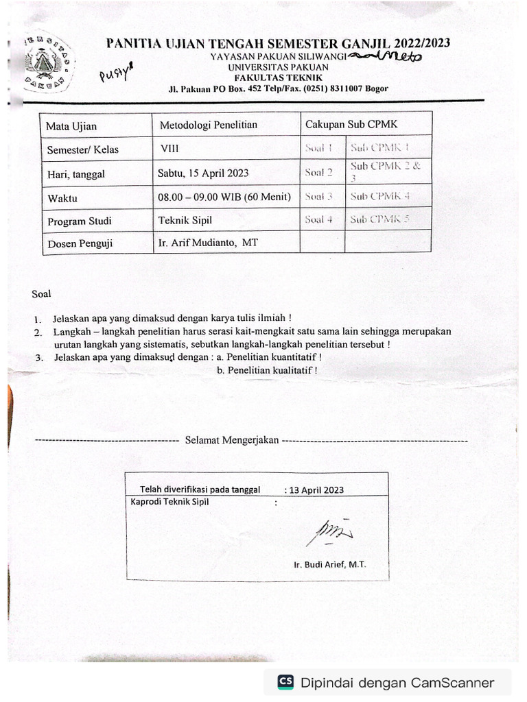 Soal Uts Metodologi Penelitian | PDF