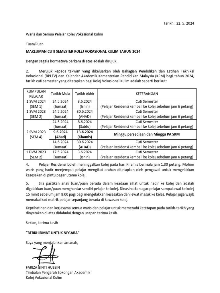 Cuti Semester KV Kulim 2024 | PDF