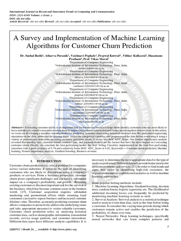 A Survey And Implementation Of Machine Learning Algorithms For Customer Churn Prediction Pdf 