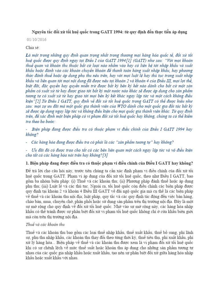 Nguyên tắc đối xử tối huệ quốc trong GATT 1994 | PDF