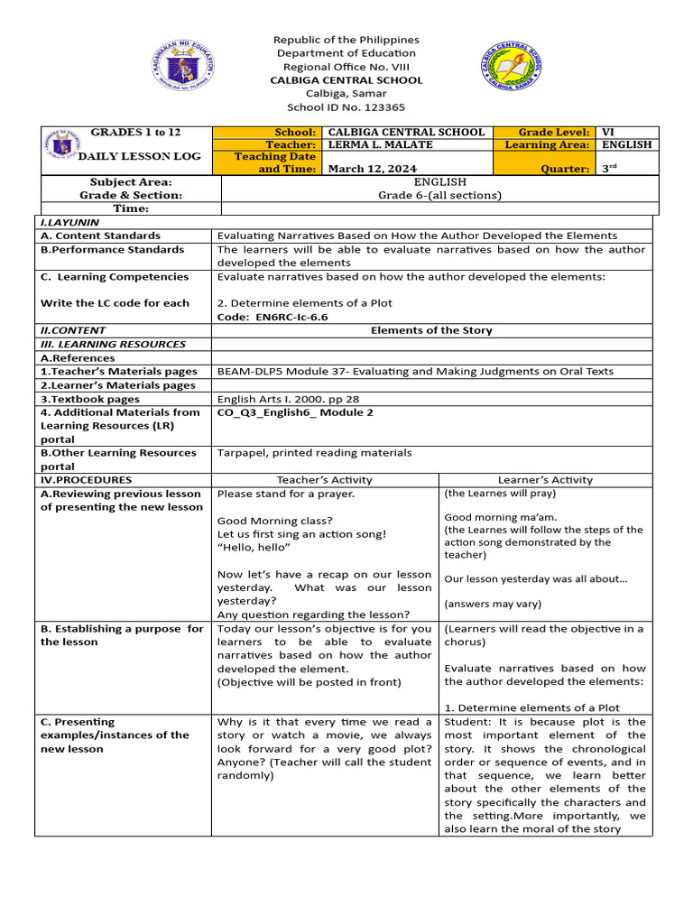 2nd DLP ENGLISH L | PDF | Plot (Narrative) | Teachers