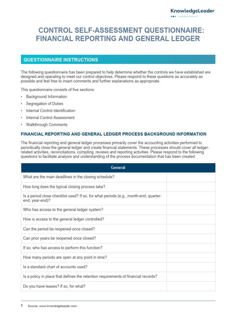 Control Self-Assessment Questionnaire - Financial Reporting and General ...