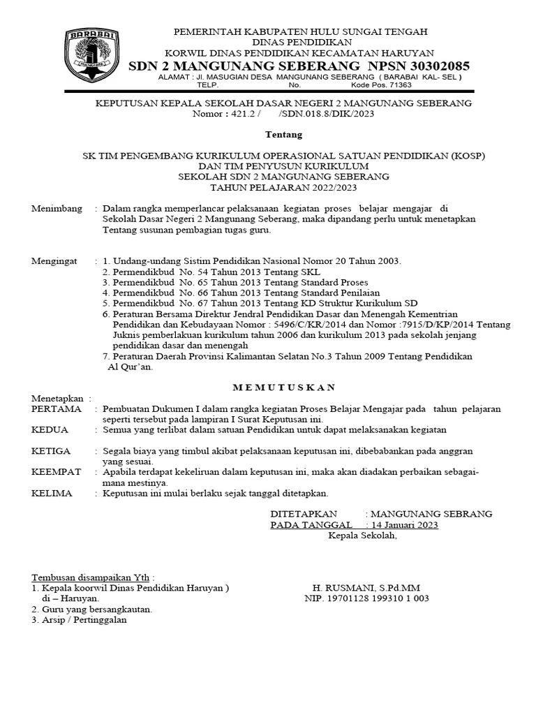 SK Tim Pengembang Kurikulum Merdeka 2023 | PDF