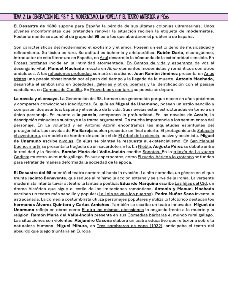 Tema 2 Generación Del 98 | PDF