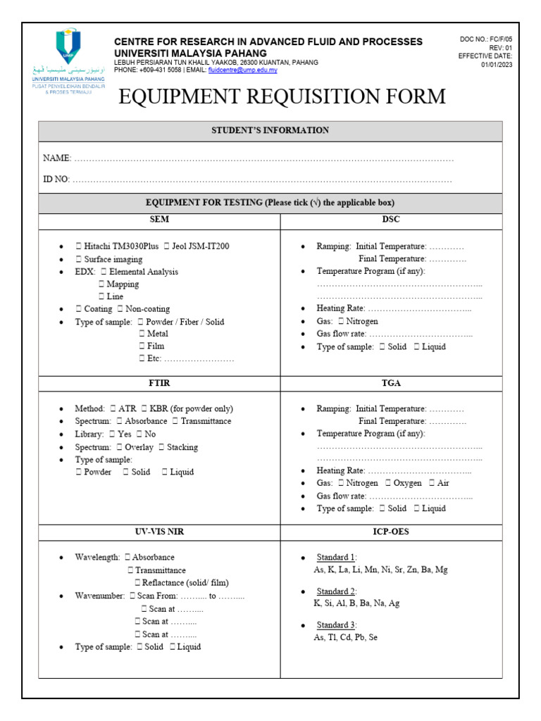 Form - Fluidcentre-f-05 Equipment Requisition Form Rev 01012023 | PDF | Transmission Electron ...