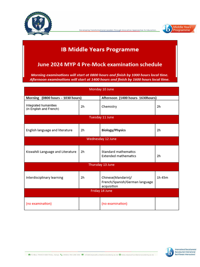 MYP 4 June 2024cPre-Mock Examination Schedule | PDF