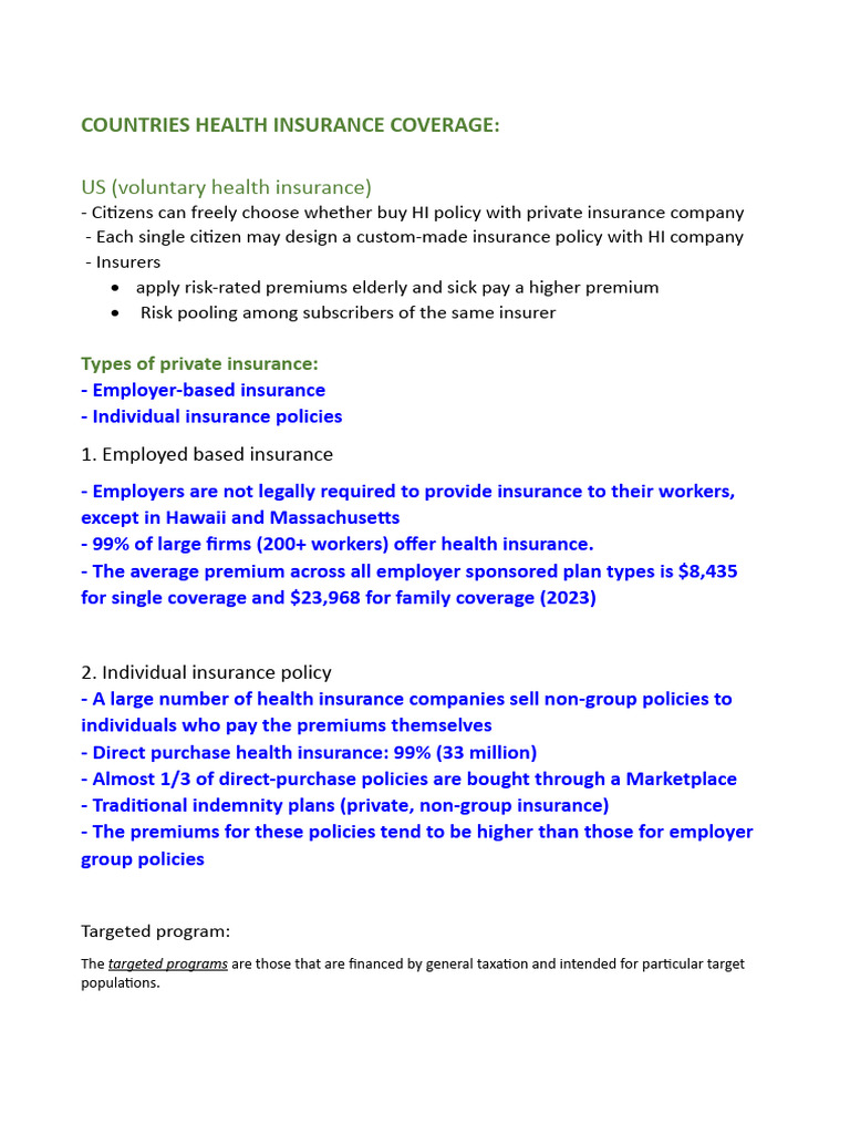 Health Insurance Coverage by Country | PDF | Medicaid | Fee For Service