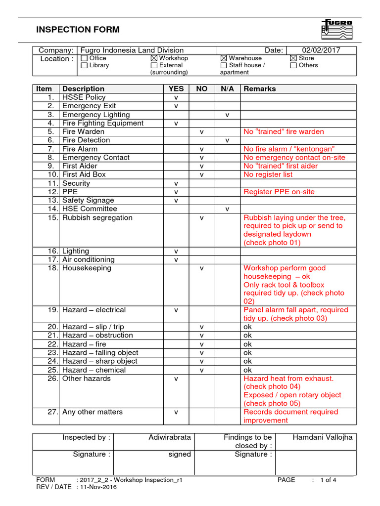 2017 - 2 - 2 - Workshop Inspection - r1 | PDF | Housekeeping | Firefighting