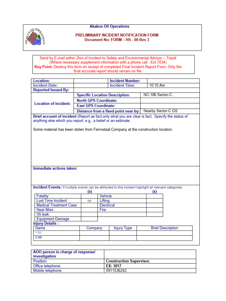 Preliminary Incident Notification Form | PDF