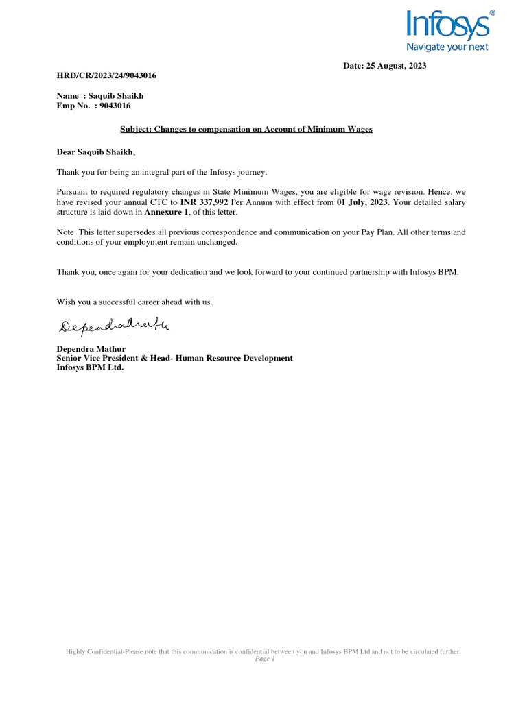 Infosys Wage Revision Notification | PDF | Salary | Employment