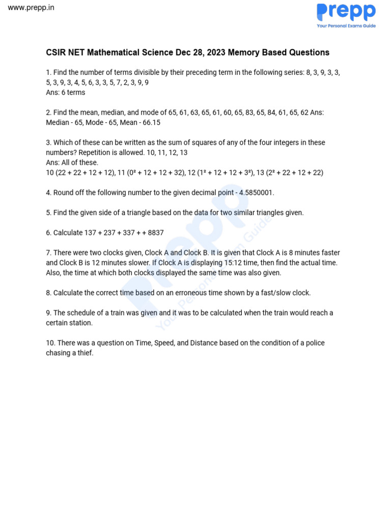 Csir Net Mathematical Science Dec 28 2023 Memory Based Questions 1 Pdf Teaching Methods