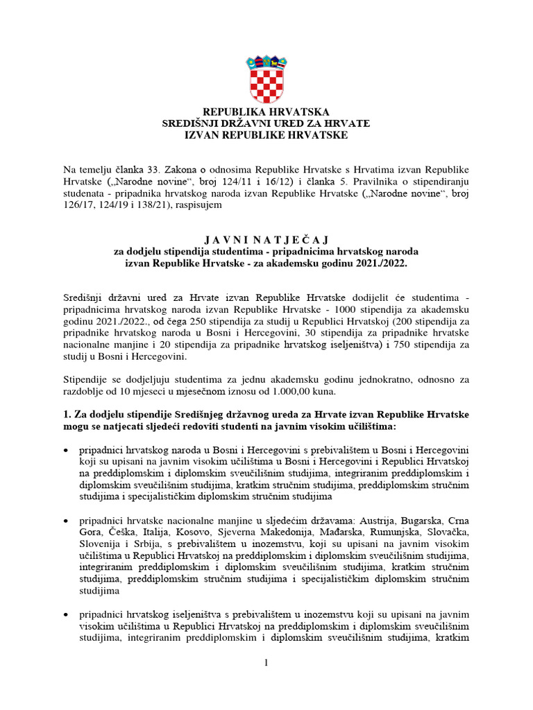 Javni Natječaj Za Dodjelu Stipendija Studentima - Pripadnicima Hrvatskog Naroda Izvan Republike ...