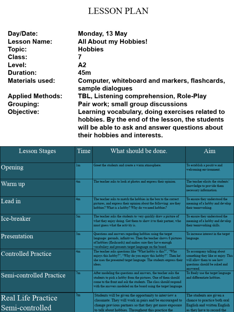 Lesson Plan - Hobbies | PDF | Verb | Teachers