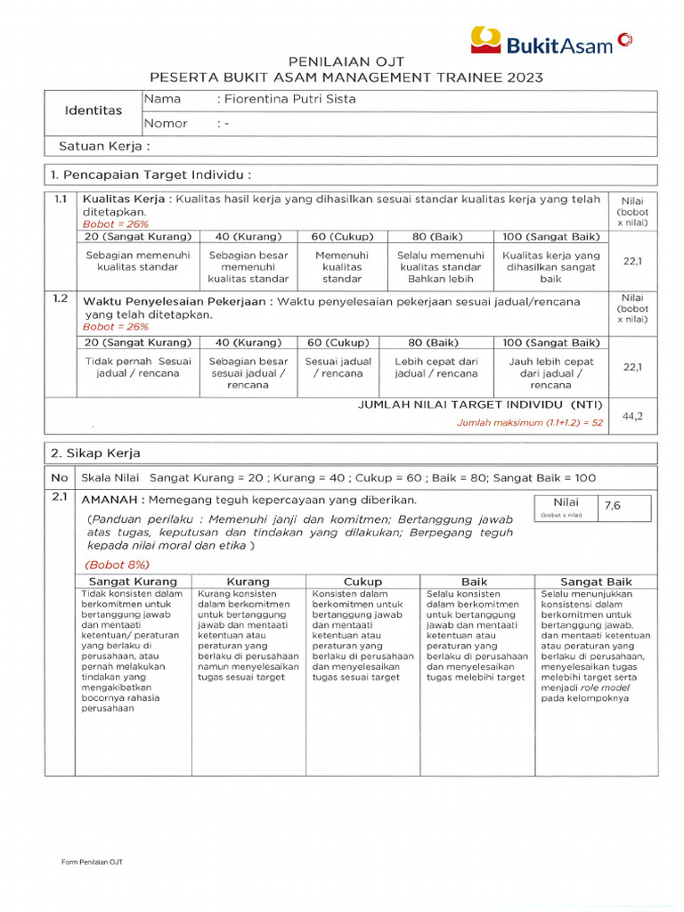 Penilaian I Ojt Ptba MT 2023 | PDF