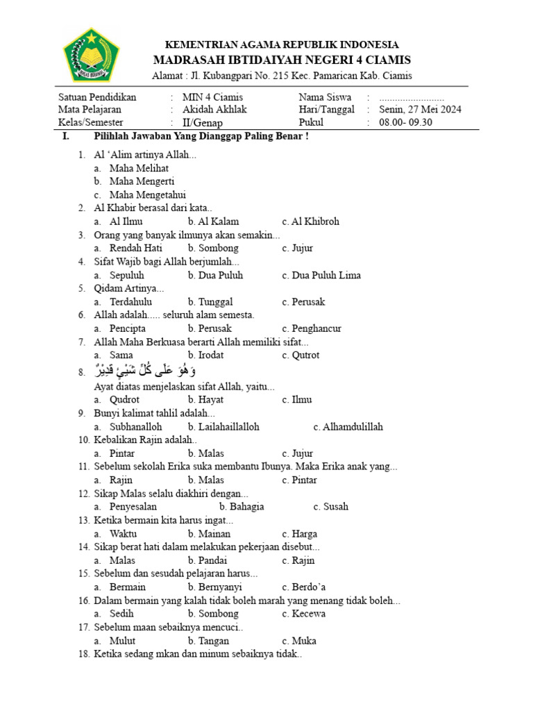 Soal PAT Kelas 2 MI - Akidah Akhlak - Semester 2 | PDF