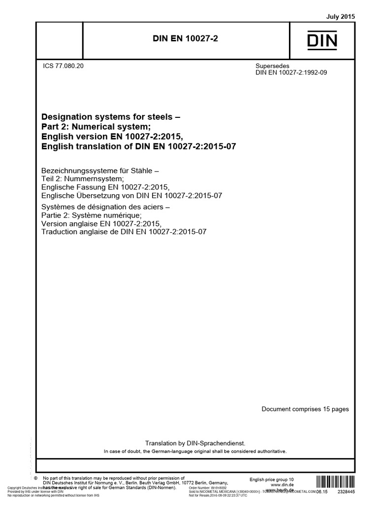 DIN EN 10027-2 - (2015-07) - (Designation System For Steels-Numerical ...