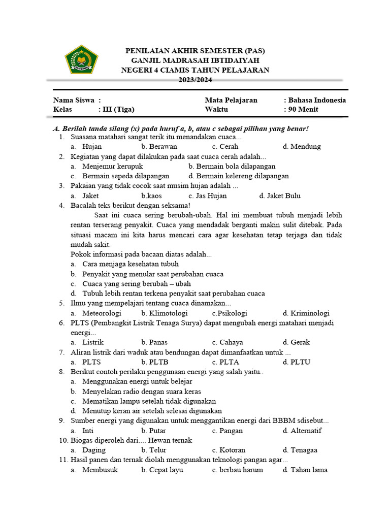 Soal B Indonesia Fiks Kelas 3 | PDF