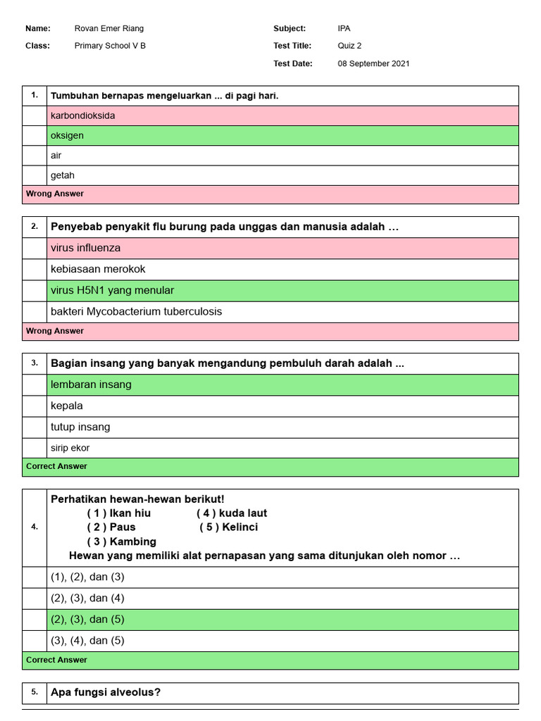 Kuis IPA: Sistem Pernapasan Manusia | PDF