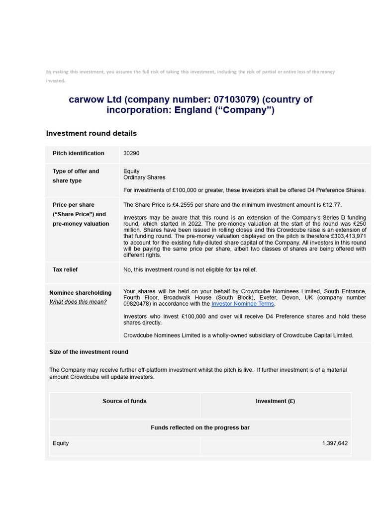 Carwow Carwow LTD Pitch Uk Summary of Key Information | PDF | Loans | Stocks