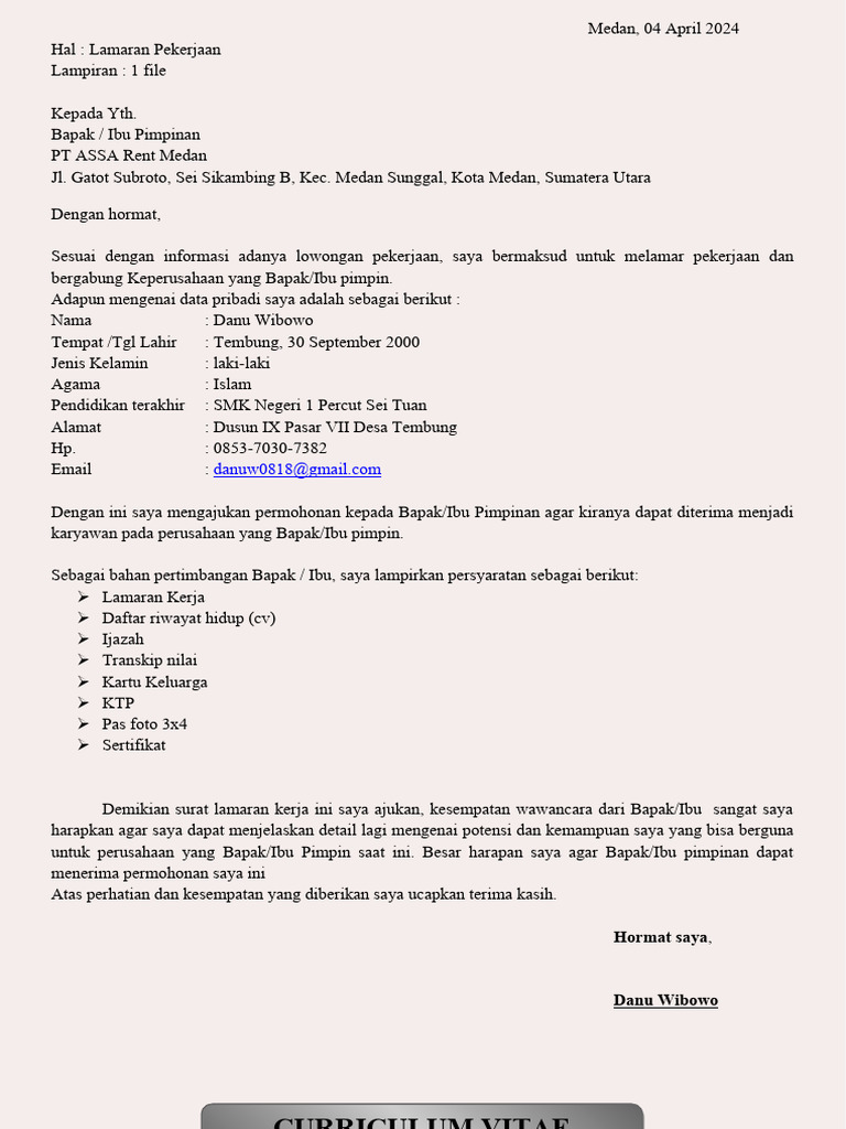Lamaran Kerja di PT ASSA Rent Medan | PDF