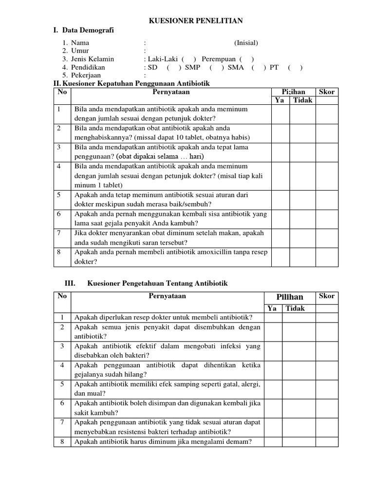 Kuesioner Penggunaan dan Pengetahuan Antibiotik | PDF