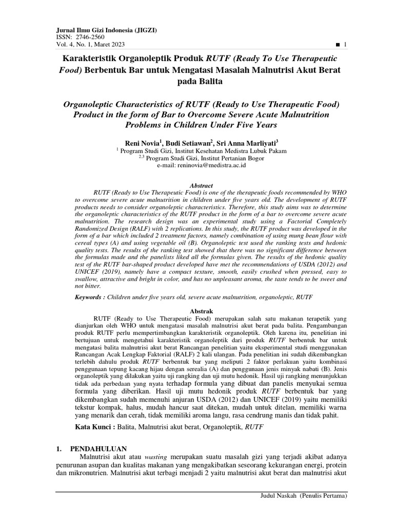 Karakteristik Organoleptik Produk RUTF (Ready To Use Therapeutic Food ...
