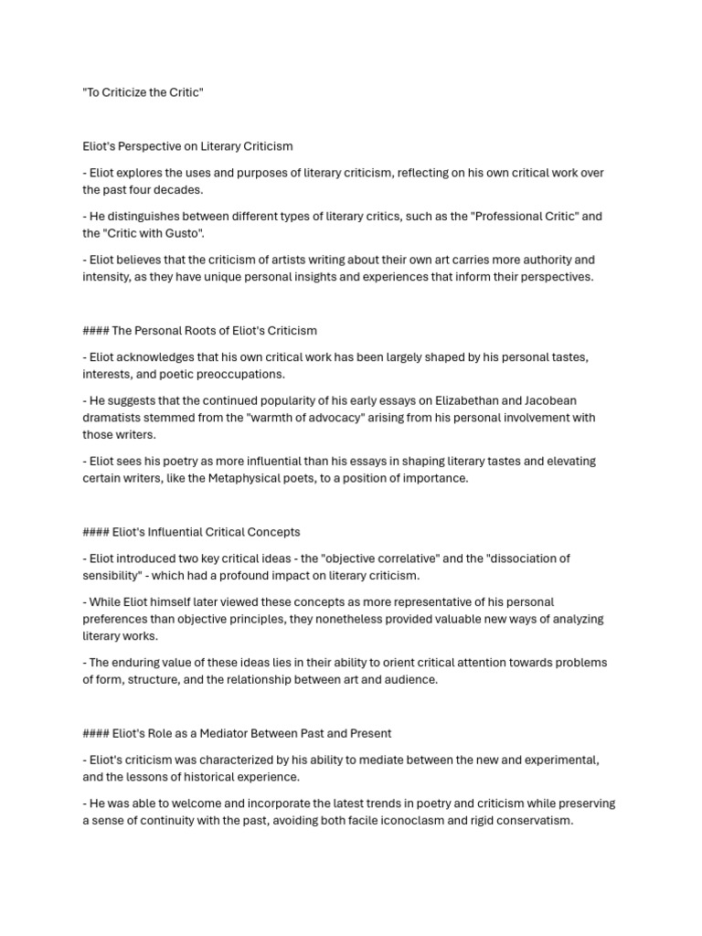 Eliot's Legacy in Literary Criticism | PDF | Literary Criticism ...