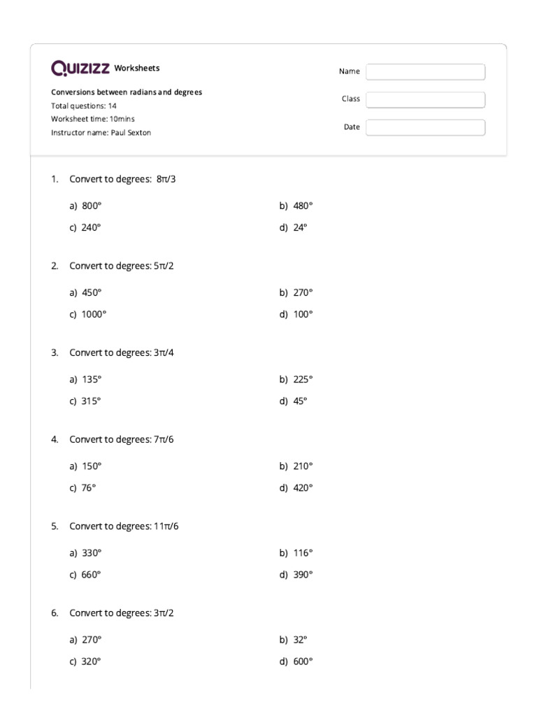 Radians to Degrees Conversion Worksheet | PDF